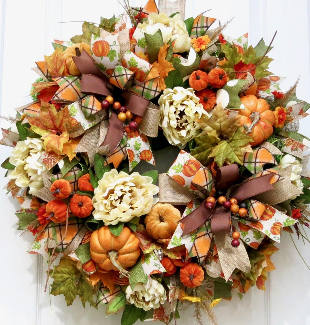 Pumpkin Peony Fall Wreath - Autumn Door Décor, Thanksgiving Front Door ...
