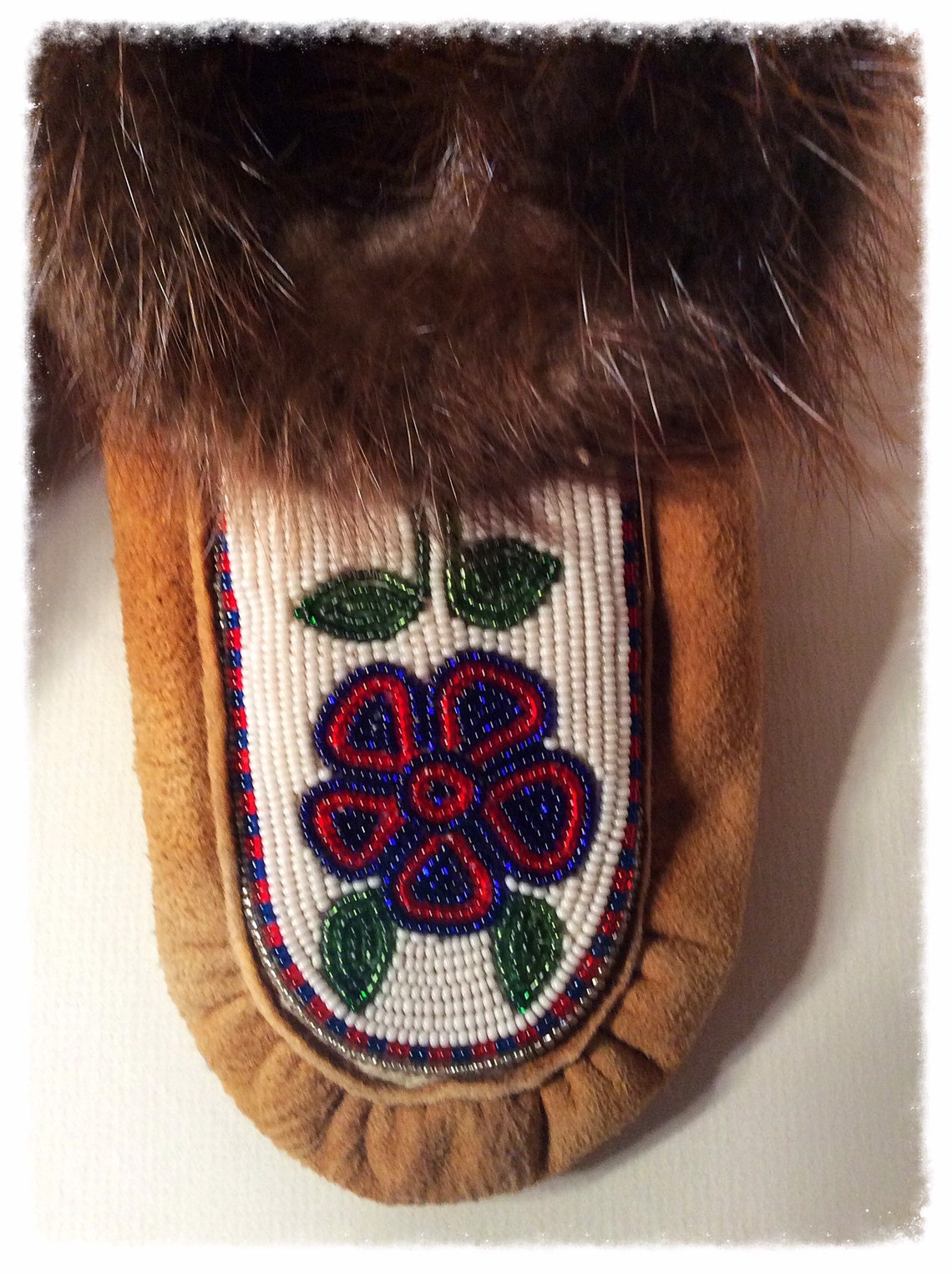 Hand Beaded Mocassins Shadow Box Display. Beaver Fur, Animal Hide ...