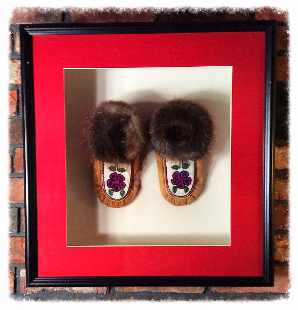 Hand Beaded Mocassins Shadow Box Display. Beaver Fur, Animal Hide ...