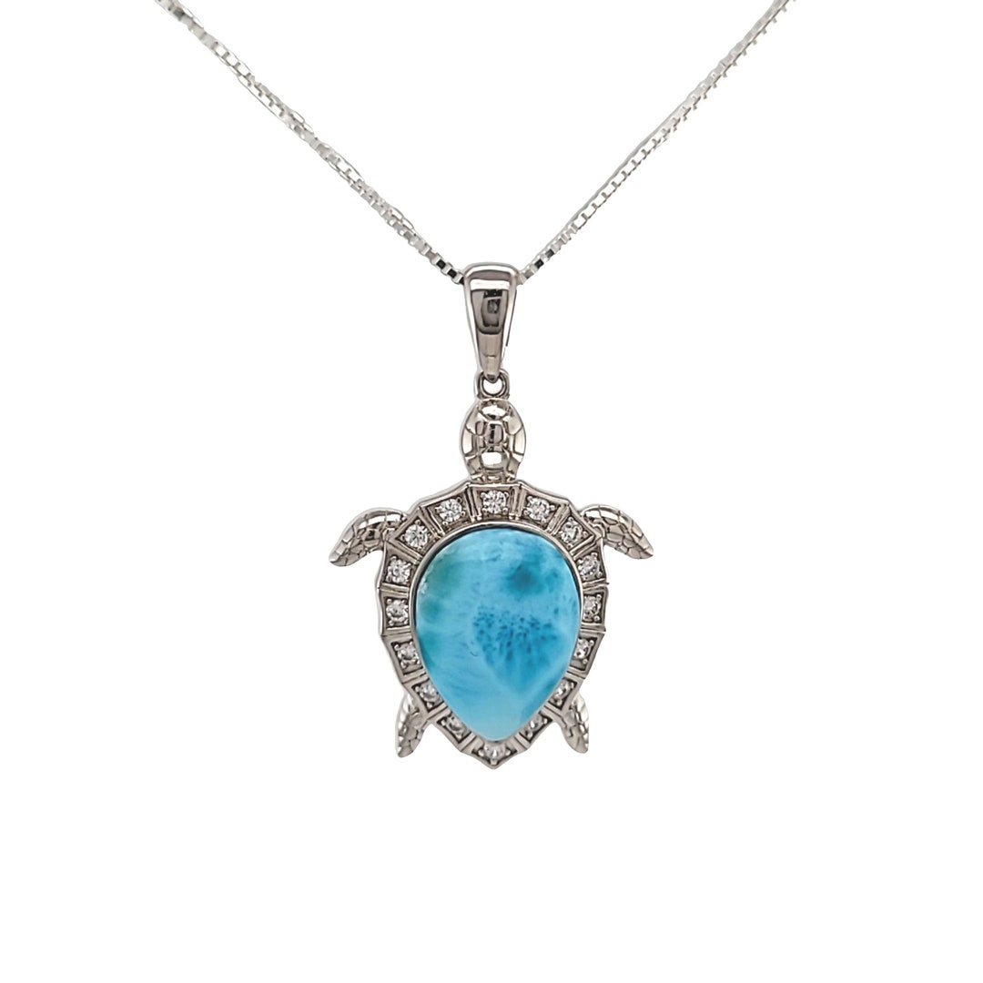 Larimar Premuim Turtle Necklace/pendant 10x14mm. White Sapphire Accent ...