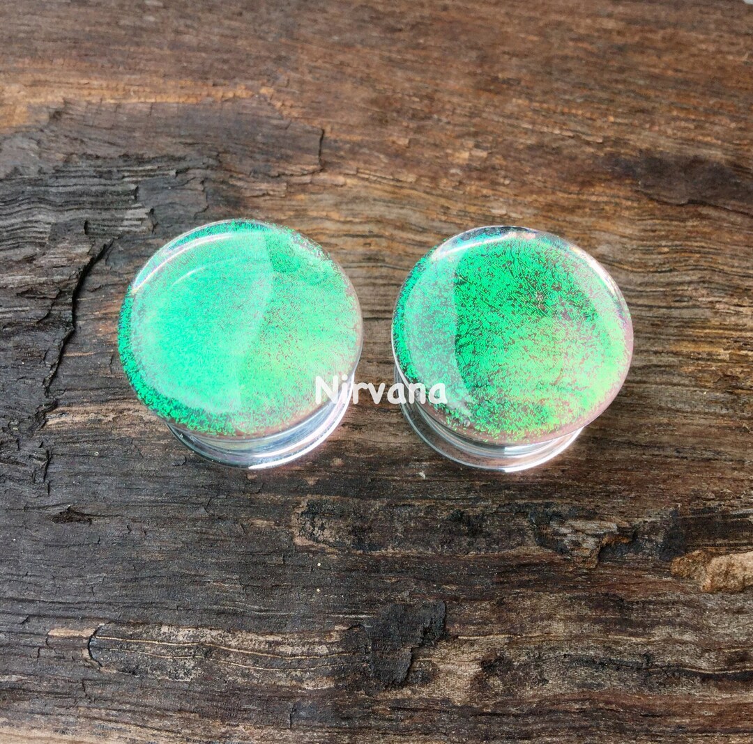 1 Pair (2 Pieces) Translucent Emerald Green Dichroic Glass Plugs No ...
