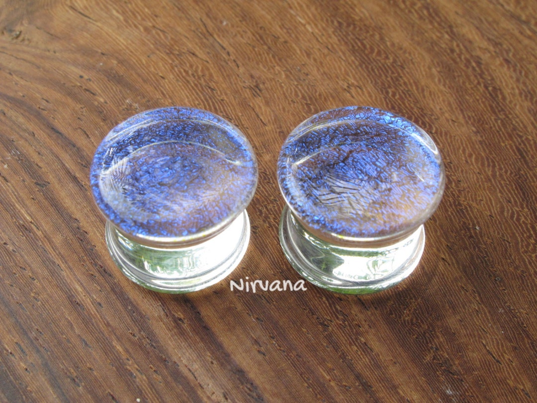 1 Pair (2 Pieces) Translucent Cobalt Blue Dichroic Glass Plugs No ...