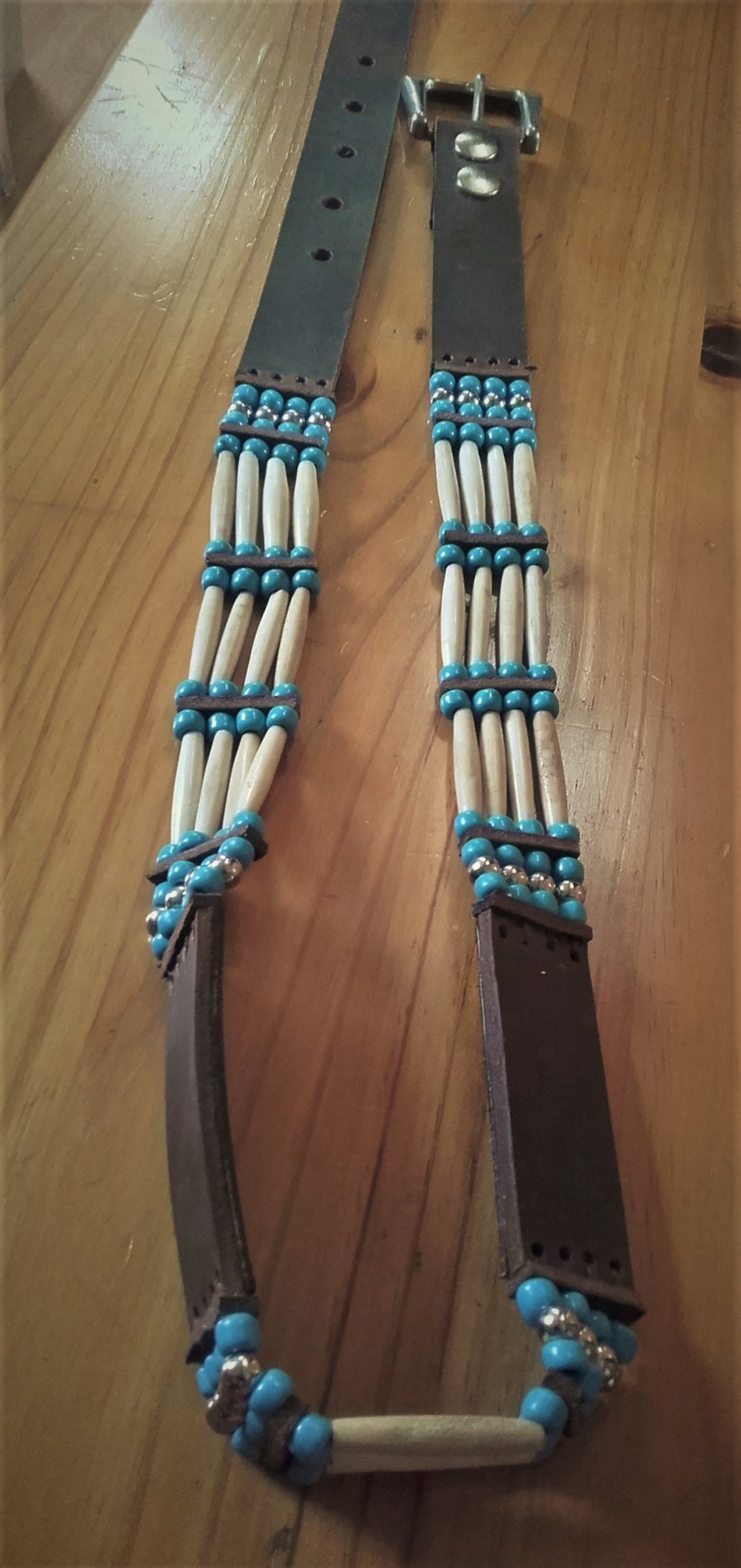 BELT 4 Rows Bone and Blue Beads, Black Leather - on Order to Your Size ...