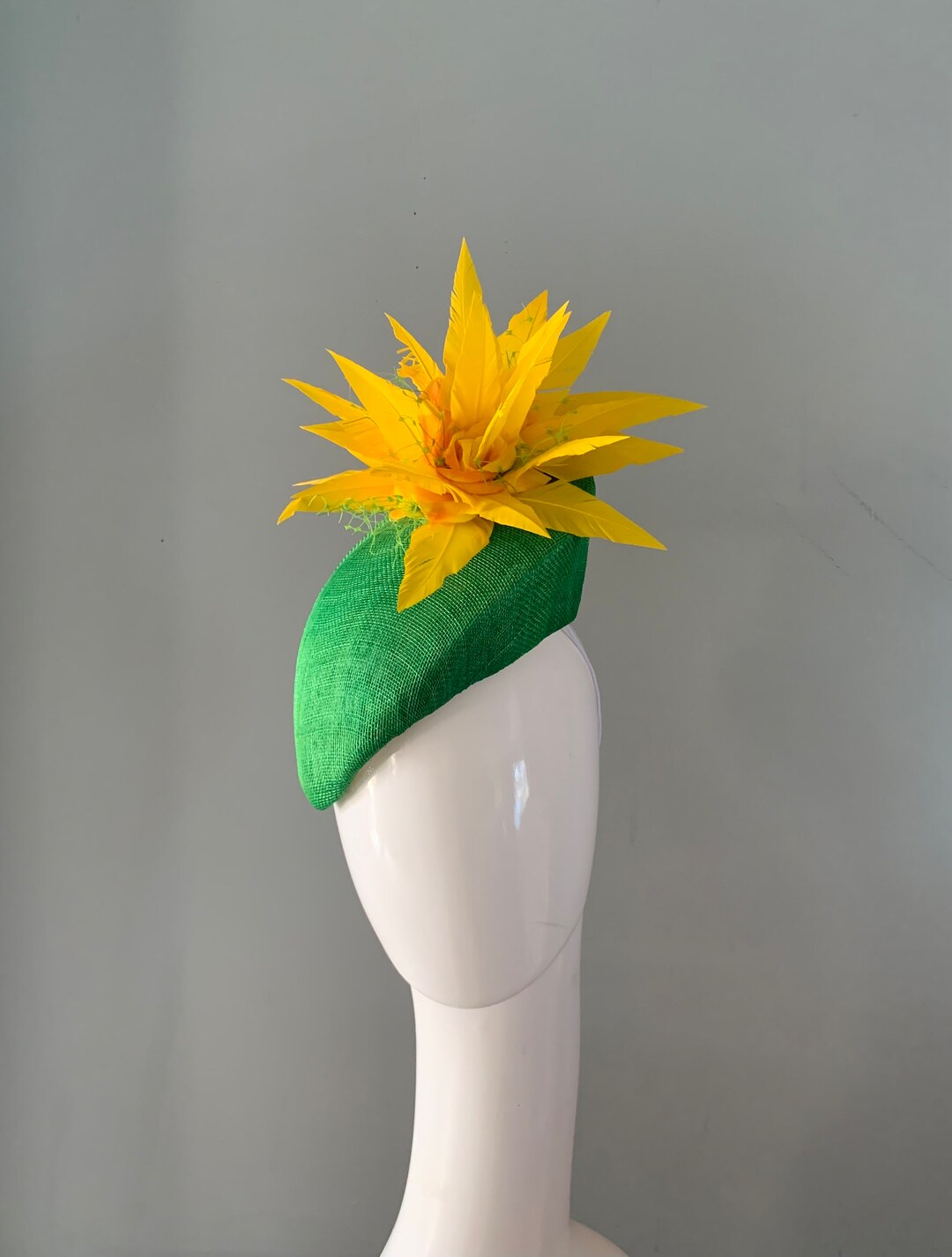 Green Perching Beret Adorned With a Yellow Feather Flower. - Etsy