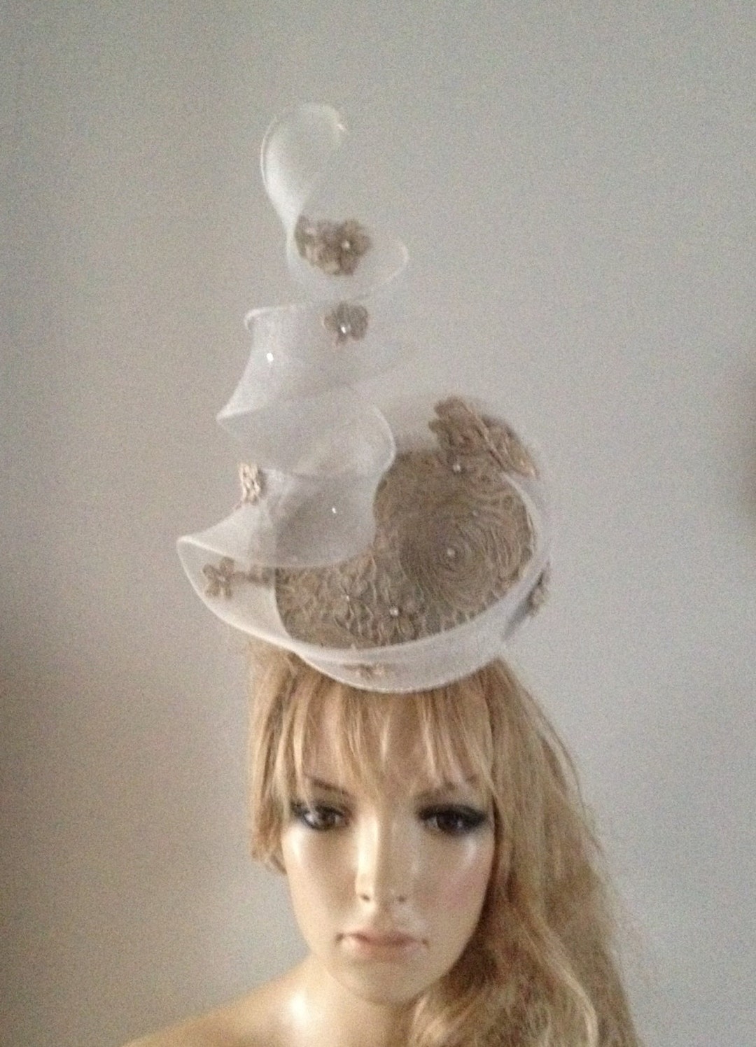 Ivory Sinamay Pod Hat: Gold Lace & Swarovski Pearls, Crin Sculpture - Etsy