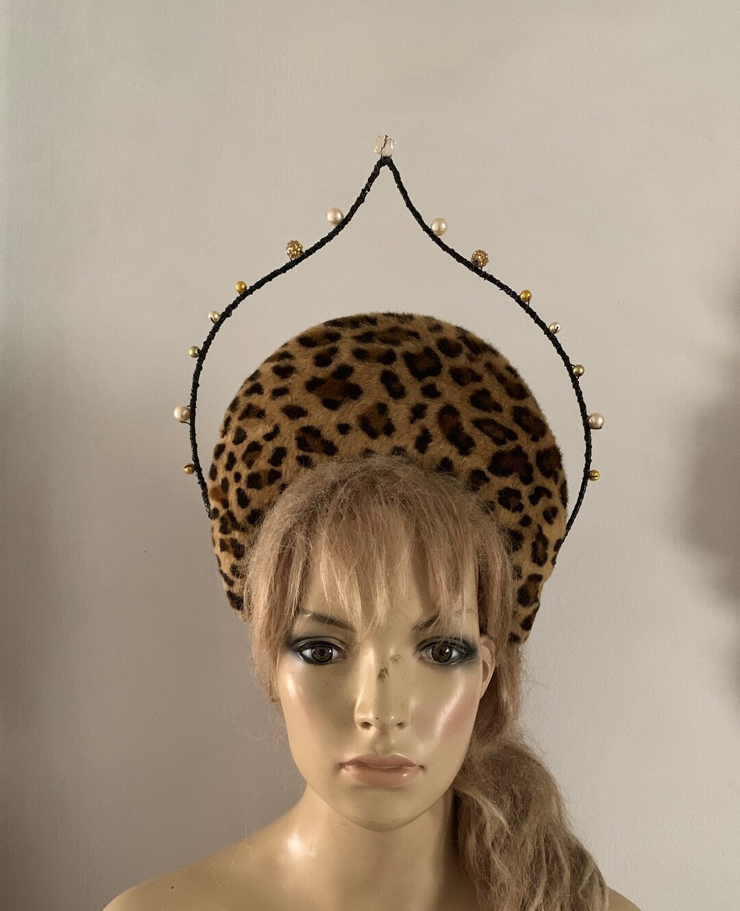 Faux Fur Leopard Print Crown Adorned With a Halo of Jewels and Pearls ...