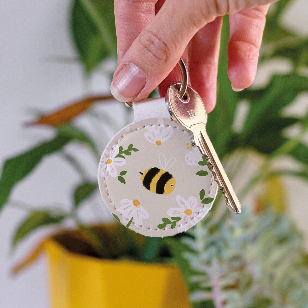 Bee Keyring Faux Leather. Bag Charm. Round Keychain With Bees and ...