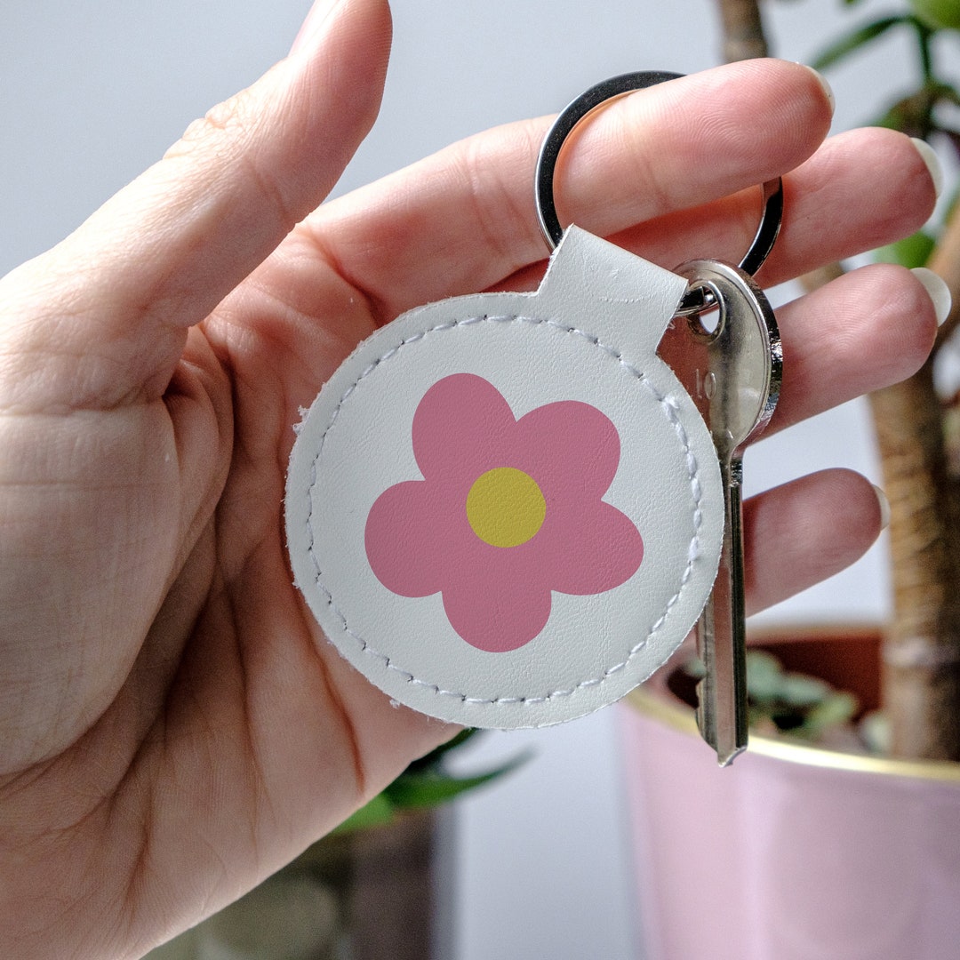 Pink Purple Blue and Green Flower Keyring Faux Leather. Bag Charm ...