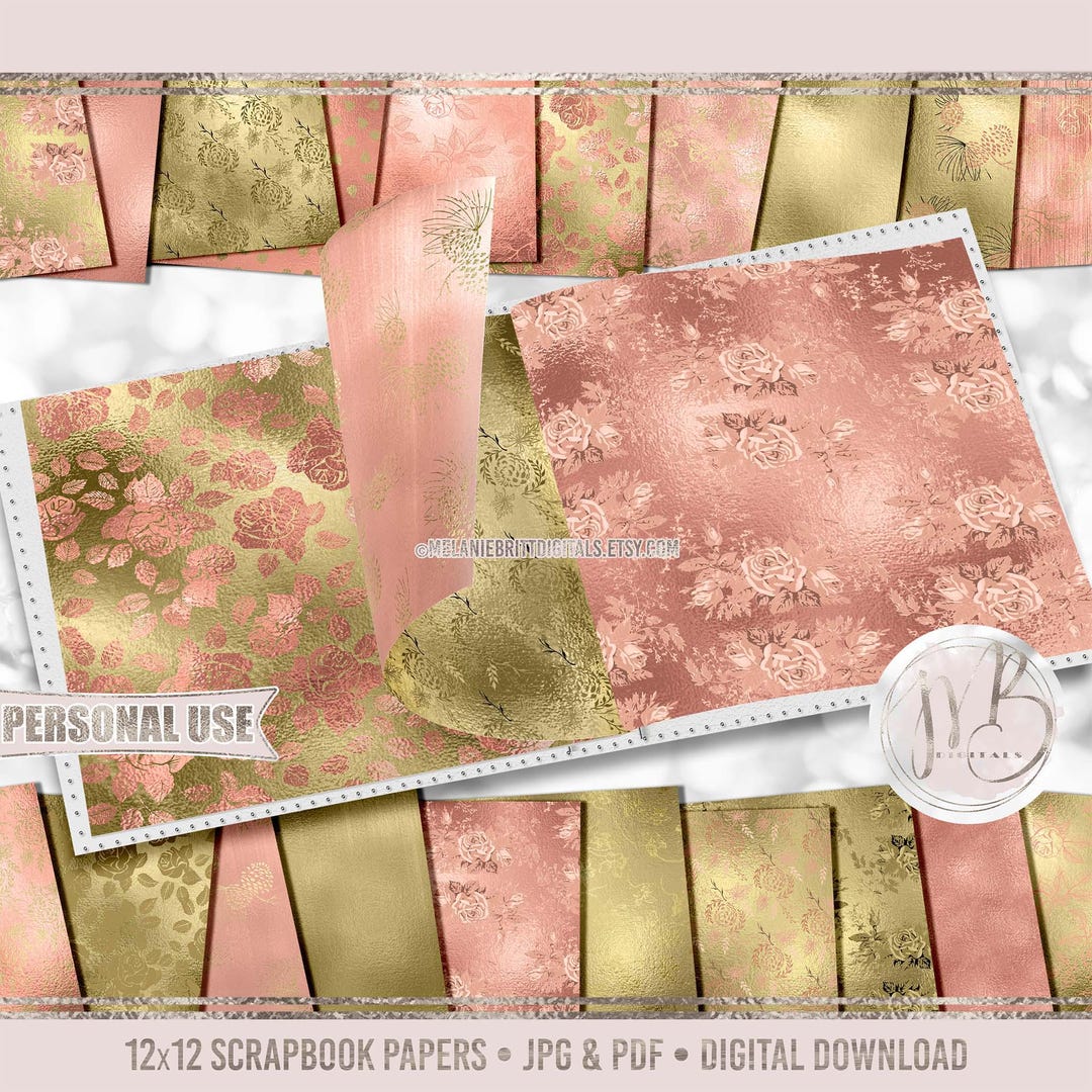 Blush Peach and Gold Floral Scrapbook Paper Download • Shiny Metallic ...