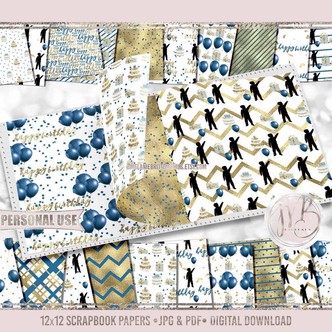 Boy Birthday Scrapbook Paper Download • Blue and Gold Kids Birthday ...