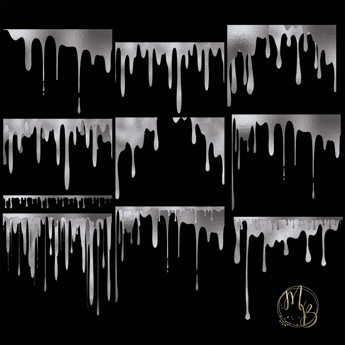 Silver Dripping Paint Overlays Clipart with shiny metallic | Etsy