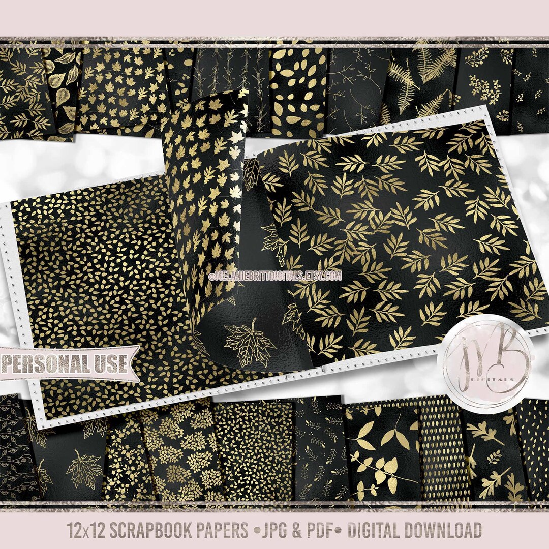 Black and Gold Autumn Leaves Scrapbook Paper Download • Golden Fall ...