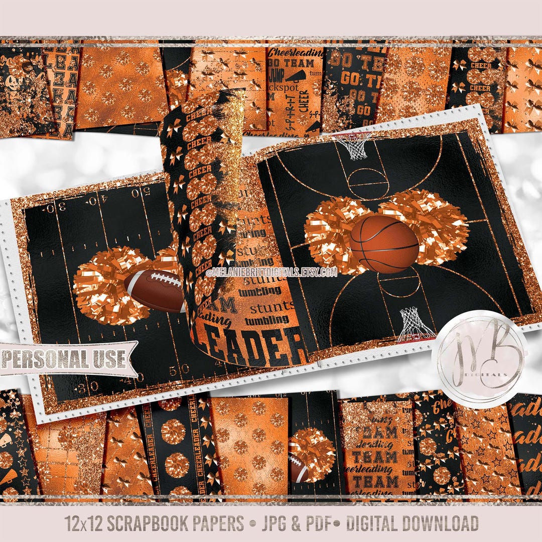 Orange Glam Cheerleading Scrapbook Paper Download Shiny Cheer Pom Poms ...