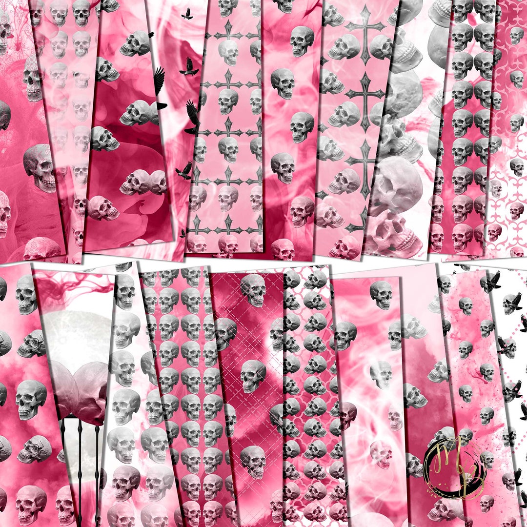 Gothic Skulls Scrapbook Paper Download Cute Goth Pink and White Smoke ...