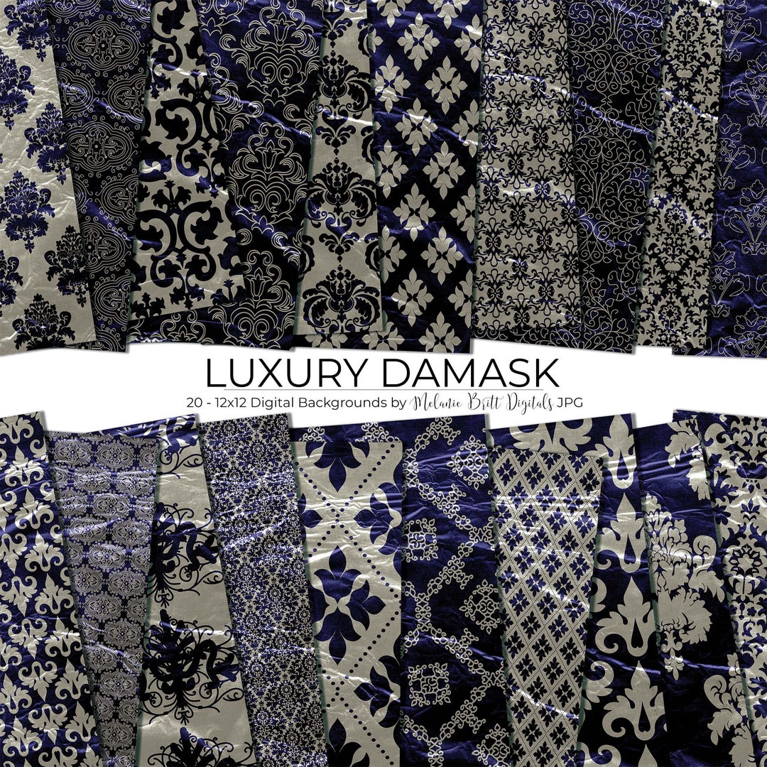 Navy and Silver Luxury Damask Scrapbook Paper Download Victorian Damask ...
