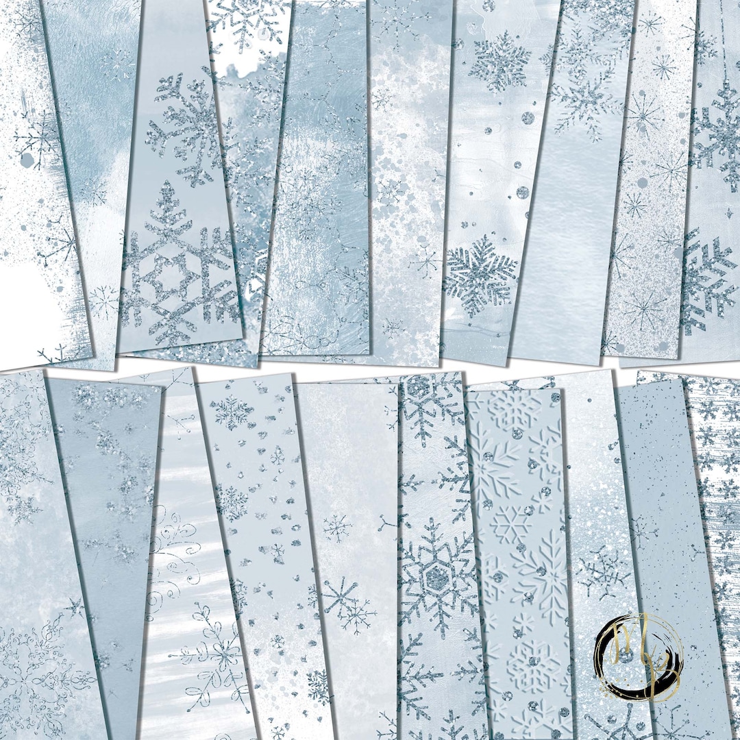 Blue Winter Scrapbook Paper Download Glitter Snowflakes and Watercolor ...