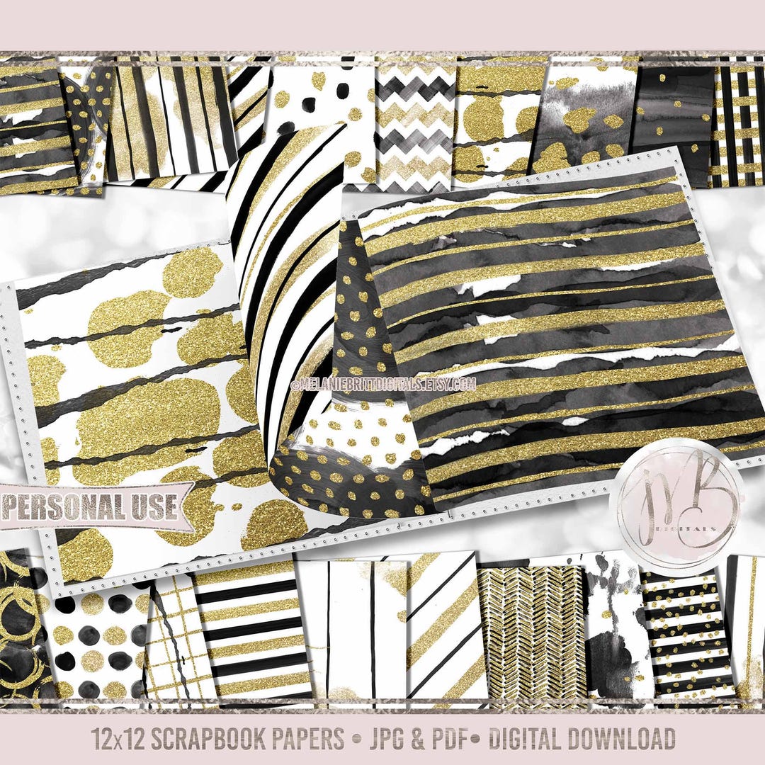 Black and Gold Glam Watercolor Scrapbook Paper Download • Gold Glitter ...