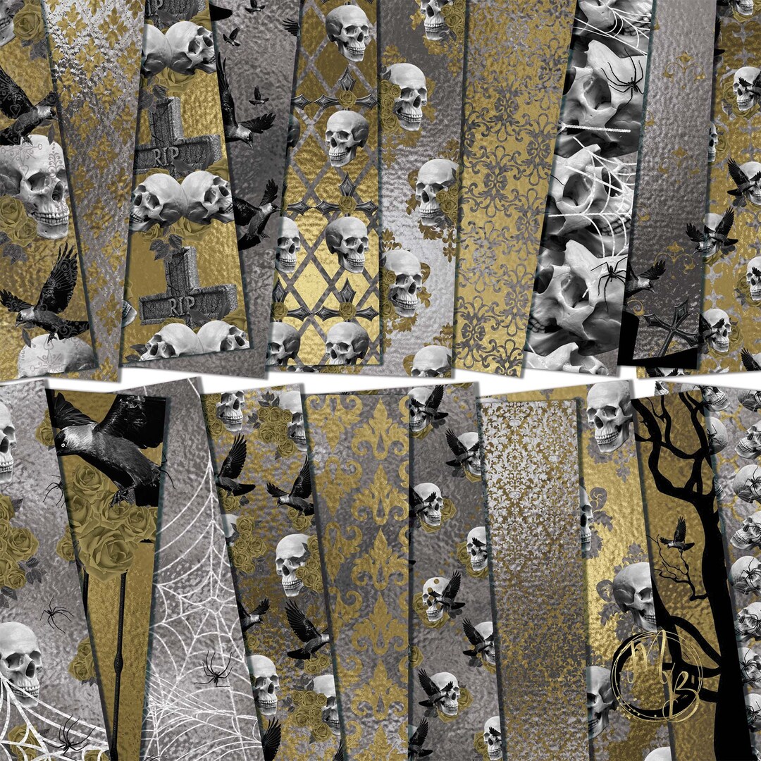 Gothic Skulls Scrapbook Paper Download Raven Moon Spider Cobweb Gold ...