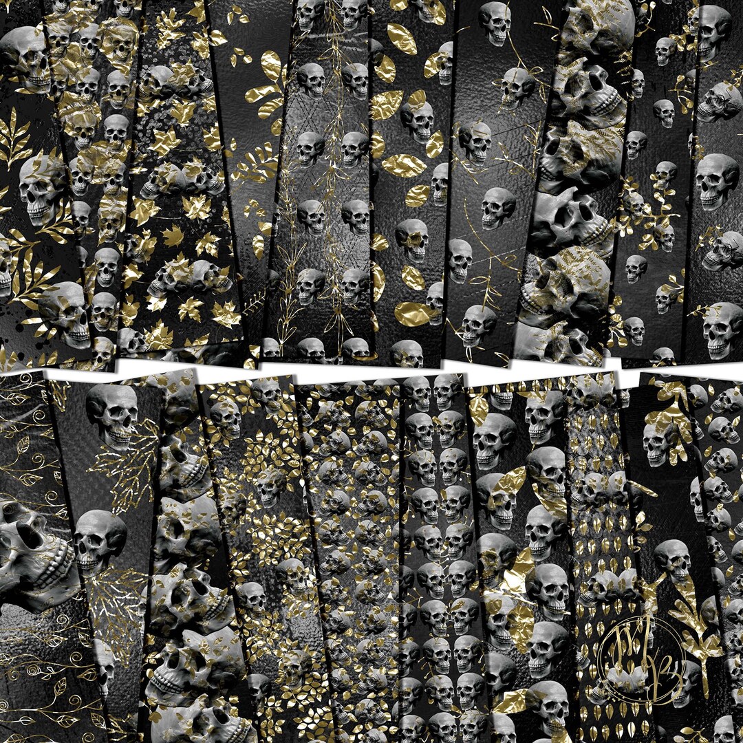 Gothic Skulls Scrapbook Paper Download Autumn Leaves Metallic Flakes ...