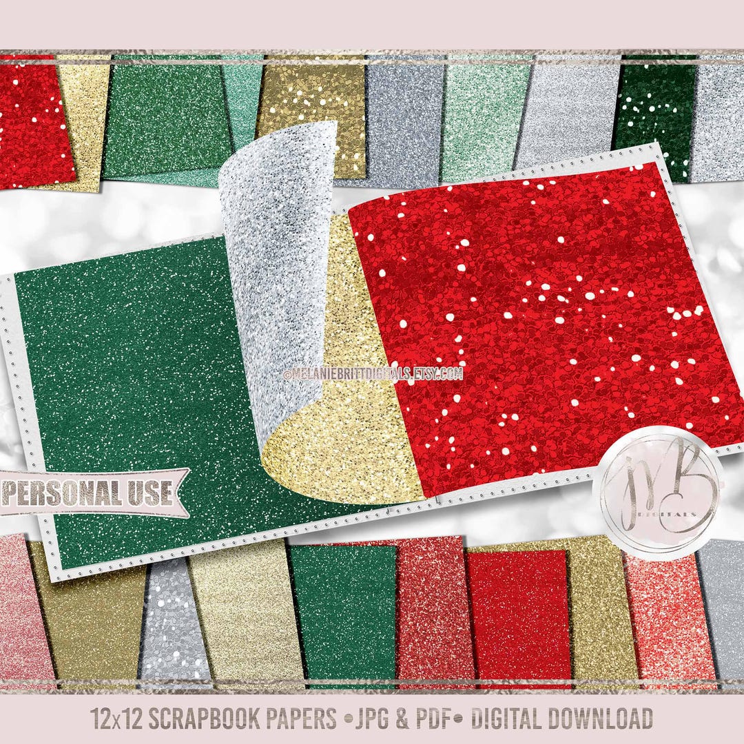 Christmas Glitter Scrapbook Paper Download Red Green Gold and Silver ...
