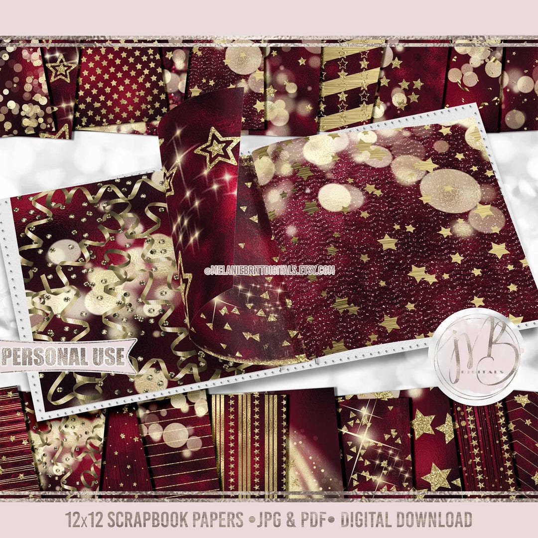 Burgundy Formal Party Scrapbook Paper Download • Gold Stars Streamers ...