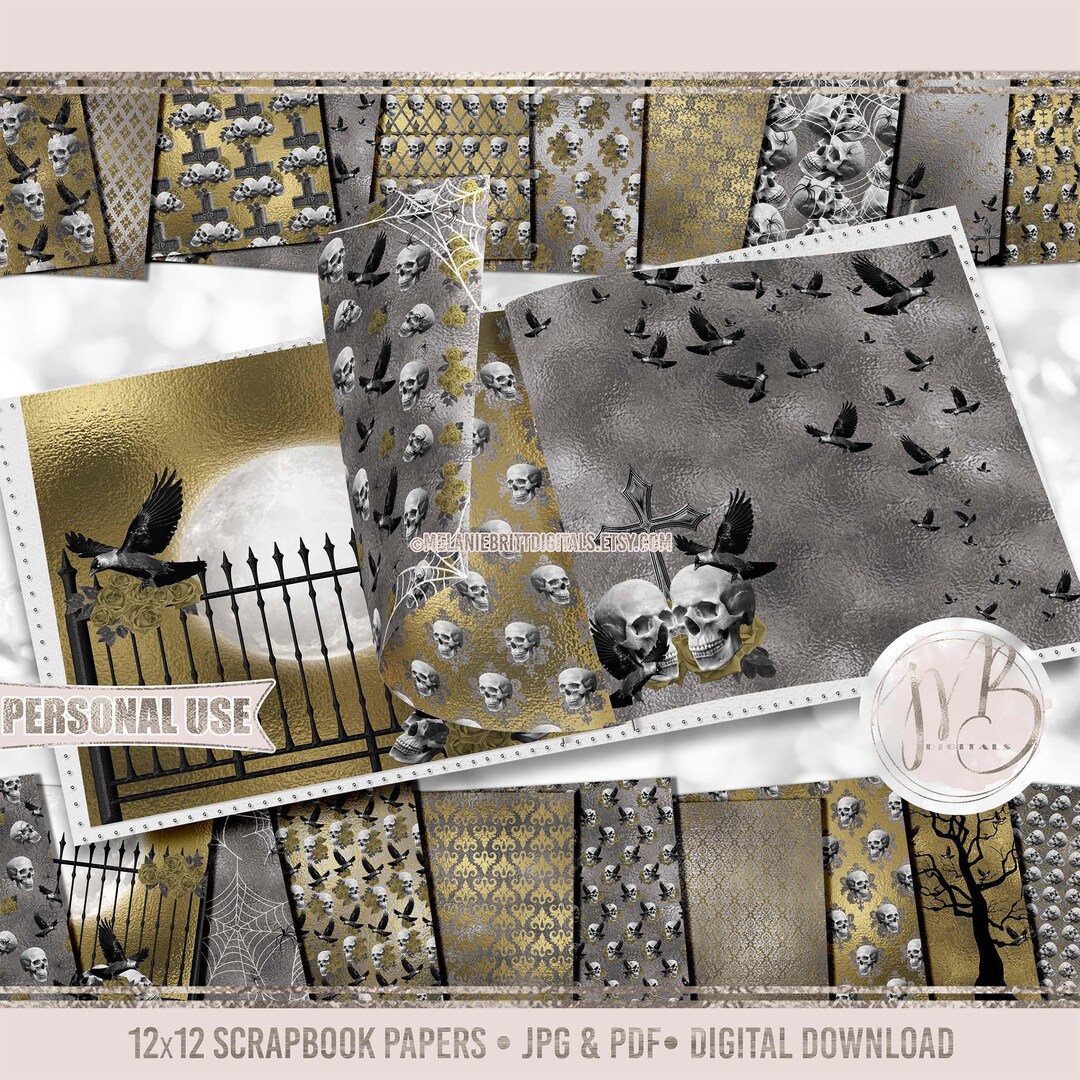 Gothic Skulls Scrapbook Paper Download Raven Moon Spider Cobweb Gold ...