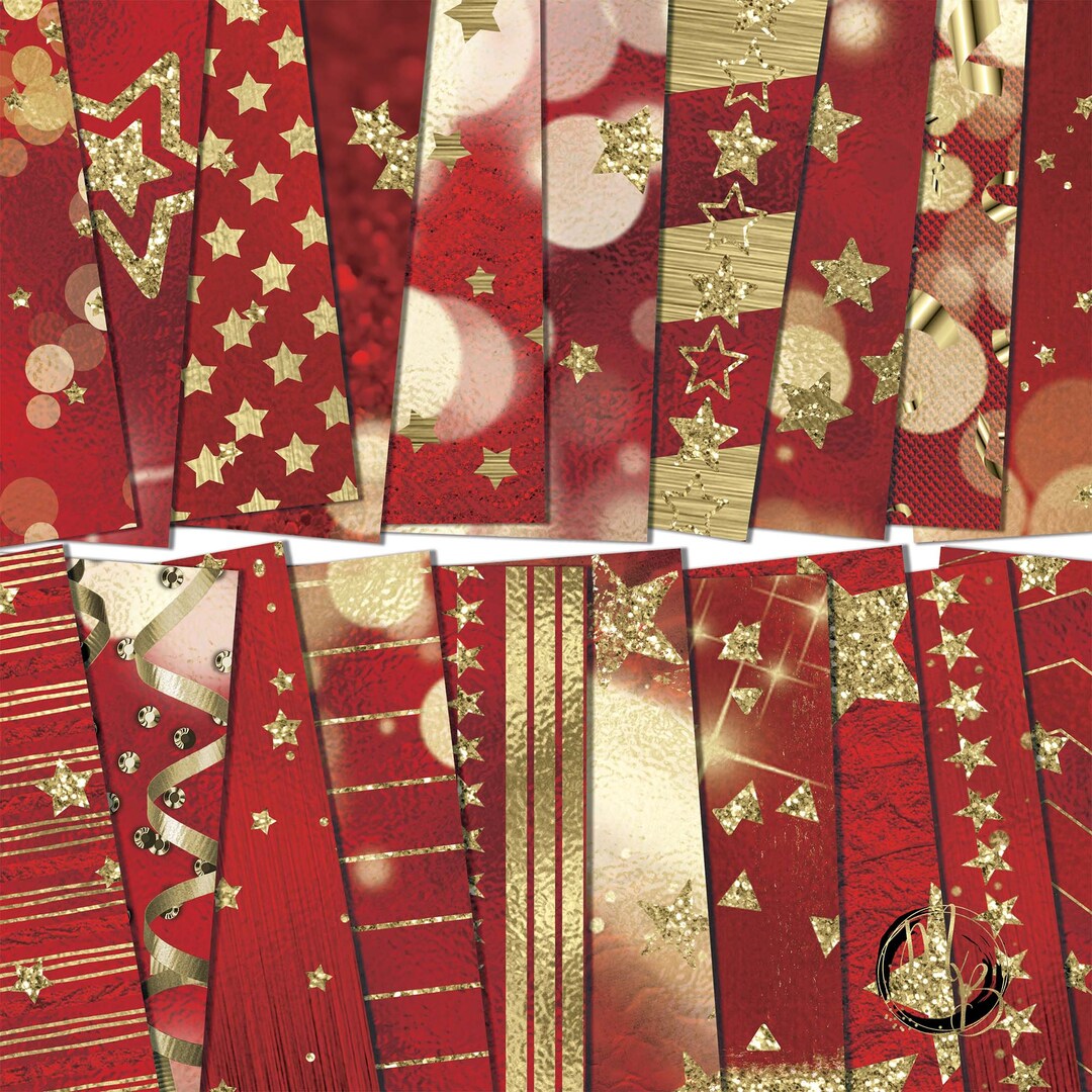 Formal Party Scrapbook Paper Download Red Gold Stars Streamers Confetti ...