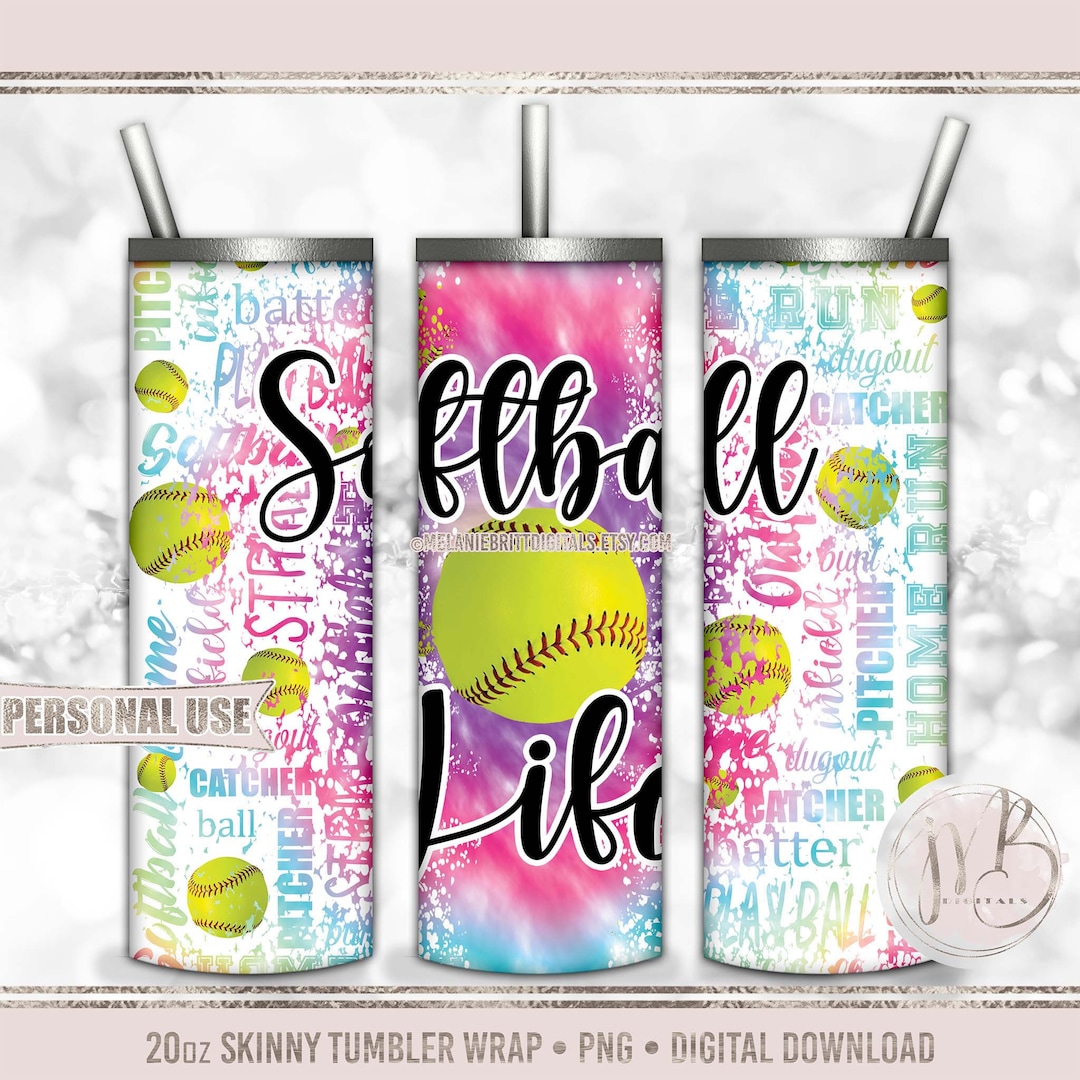 Softball Life 20oz Skinny Tumbler Wrap Sublimation Design • Rainbow Tie ...