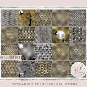 Gothic Skulls Scrapbook Paper Download Raven Moon Spider Cobweb Gold ...