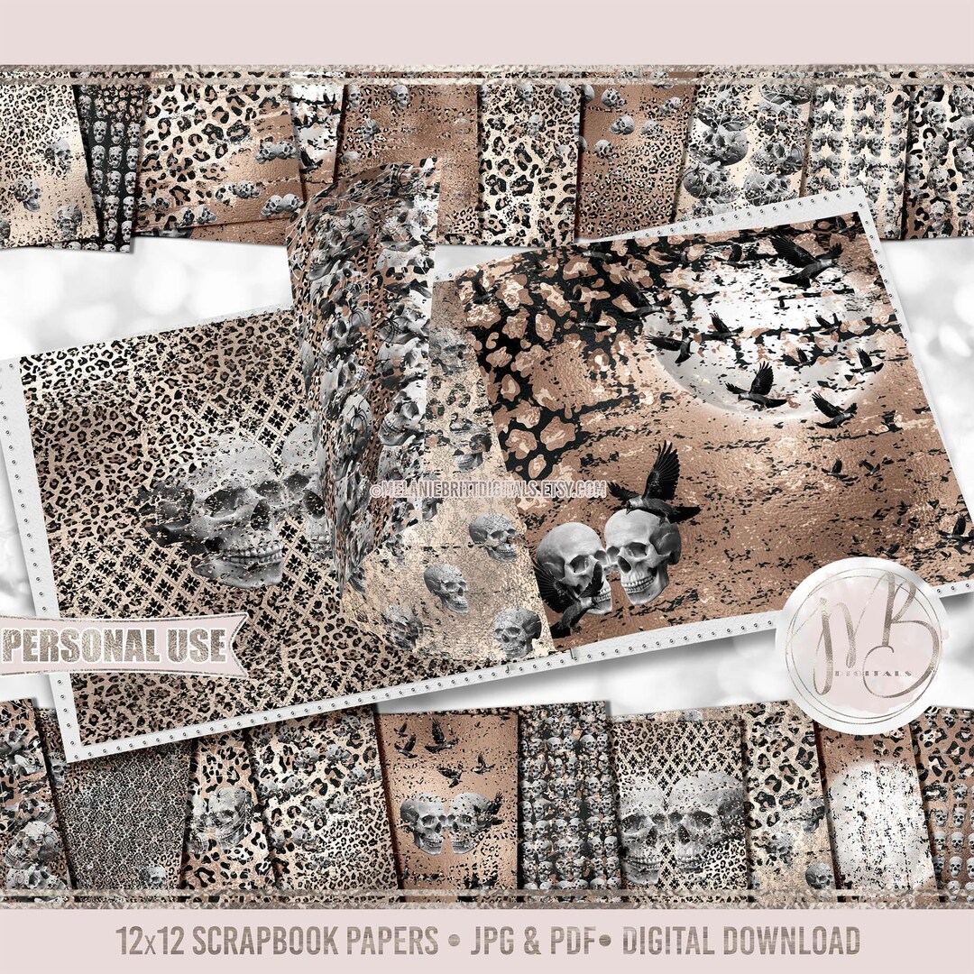 Distressed Skulls and Leopard Scrapbook Paper Download Cute Goth Raven ...