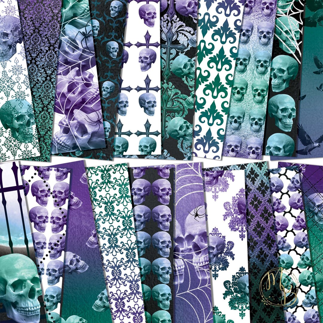 Gothic Skulls Scrapbook Paper Download Cute Goth Ravens Spiders Cobwebs ...