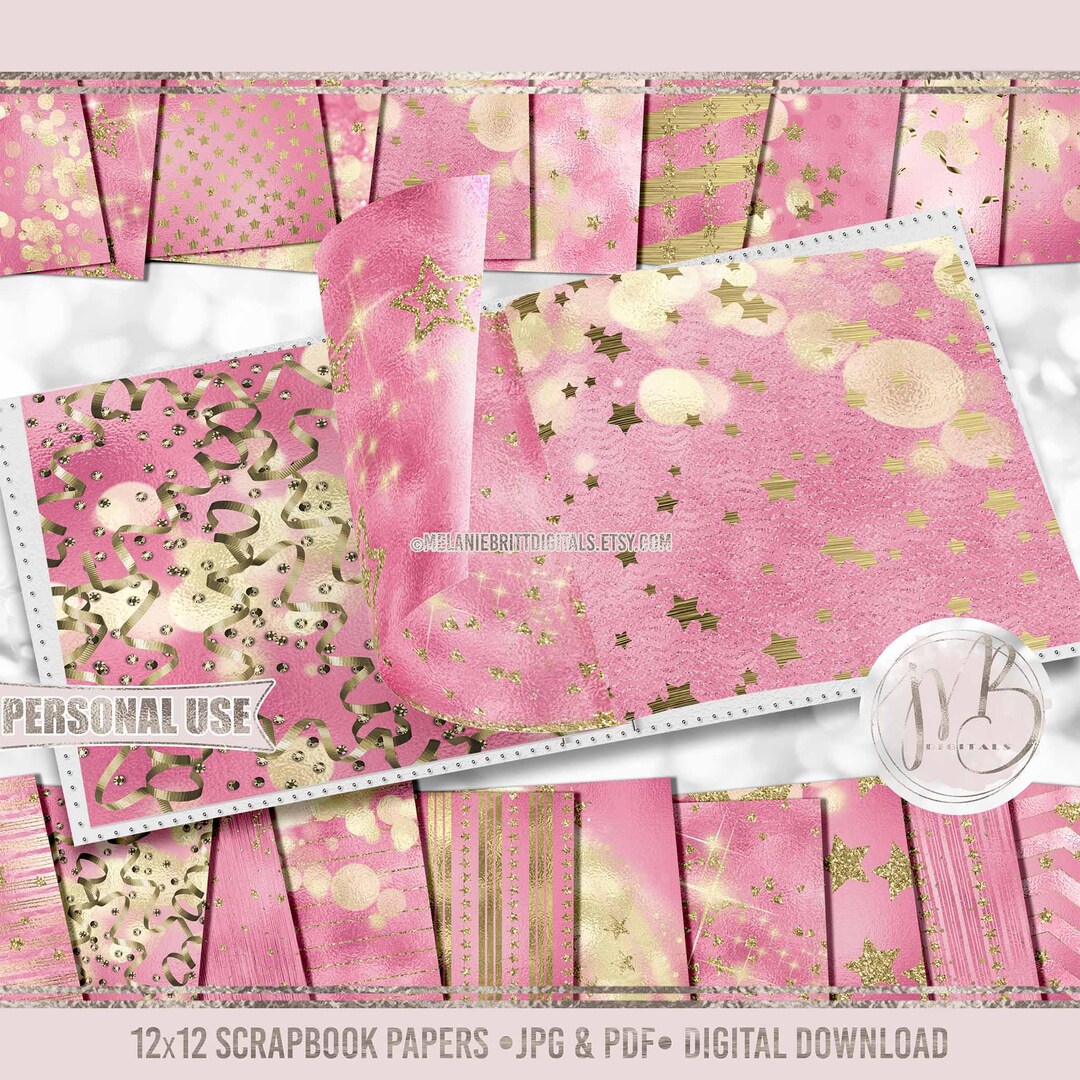 Pink Formal Party Scrapbook Paper Download • Gold Stars Streamers ...