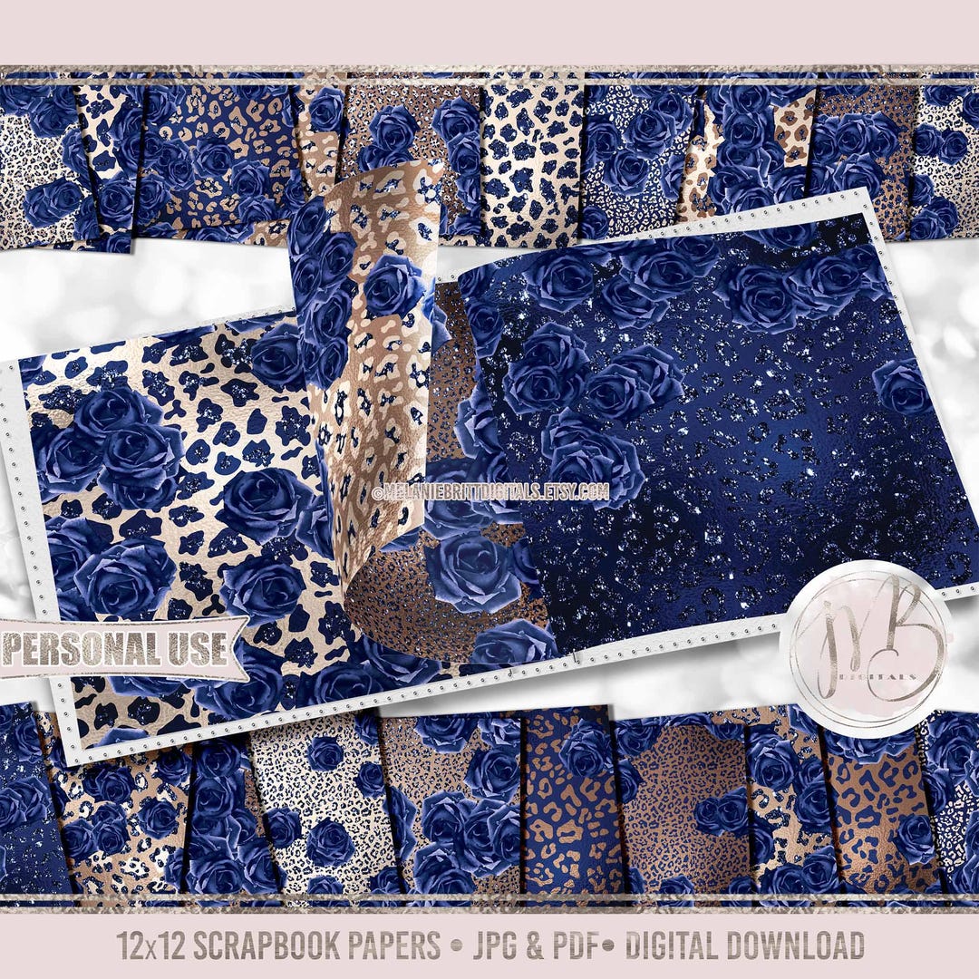 Blue Roses and Leopard Print Scrapbook Paper Download • Floral Leopard ...