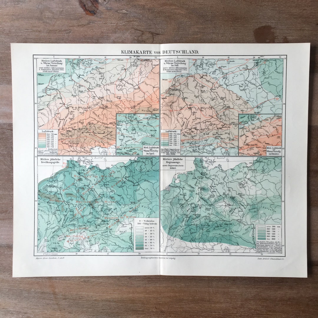 1895 Original Antique Map Lithograph, Climate Germany Map, History Map ...