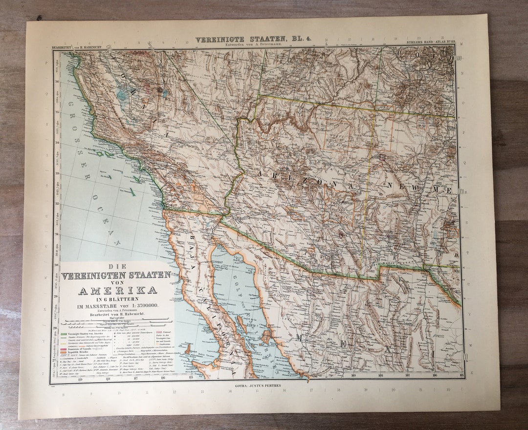 1906 Vintage America Map, Arizona, California, Detailed Historical Area ...