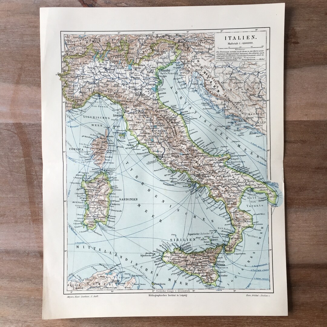 1895 Original Antique Map Lithograph, Italy Map Print, Vintage Map ...