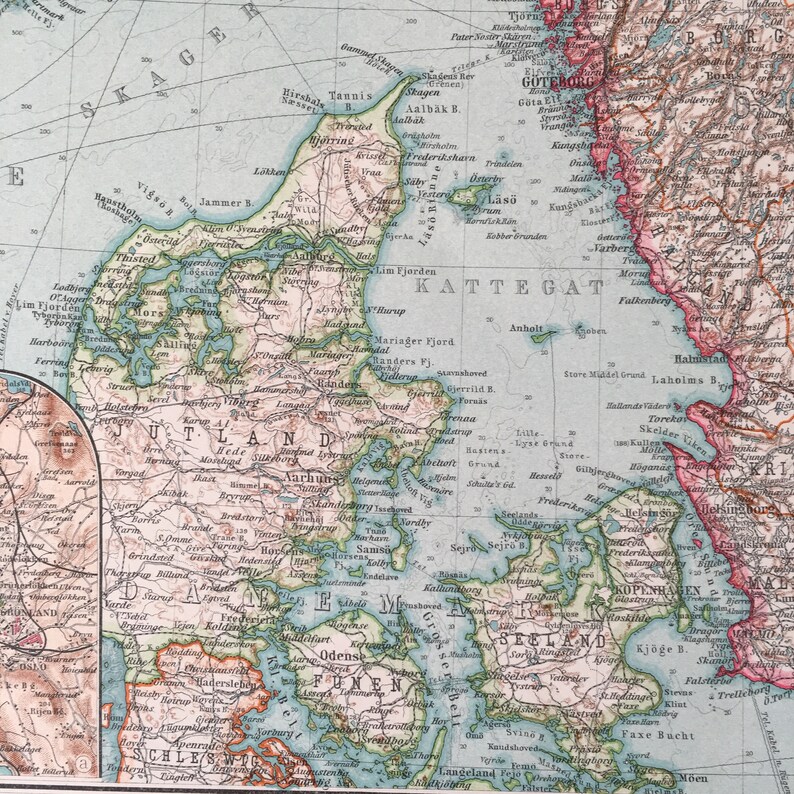 1906 Large Southern Scandinavia Map Antique Original Print | Etsy