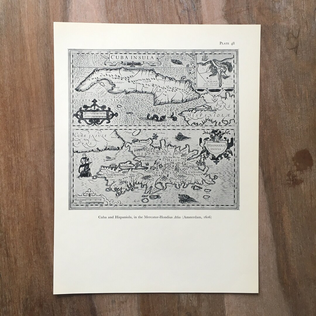 1965 Vintage Map Illustration, Cuba and Hispaniola in the Mercator ...