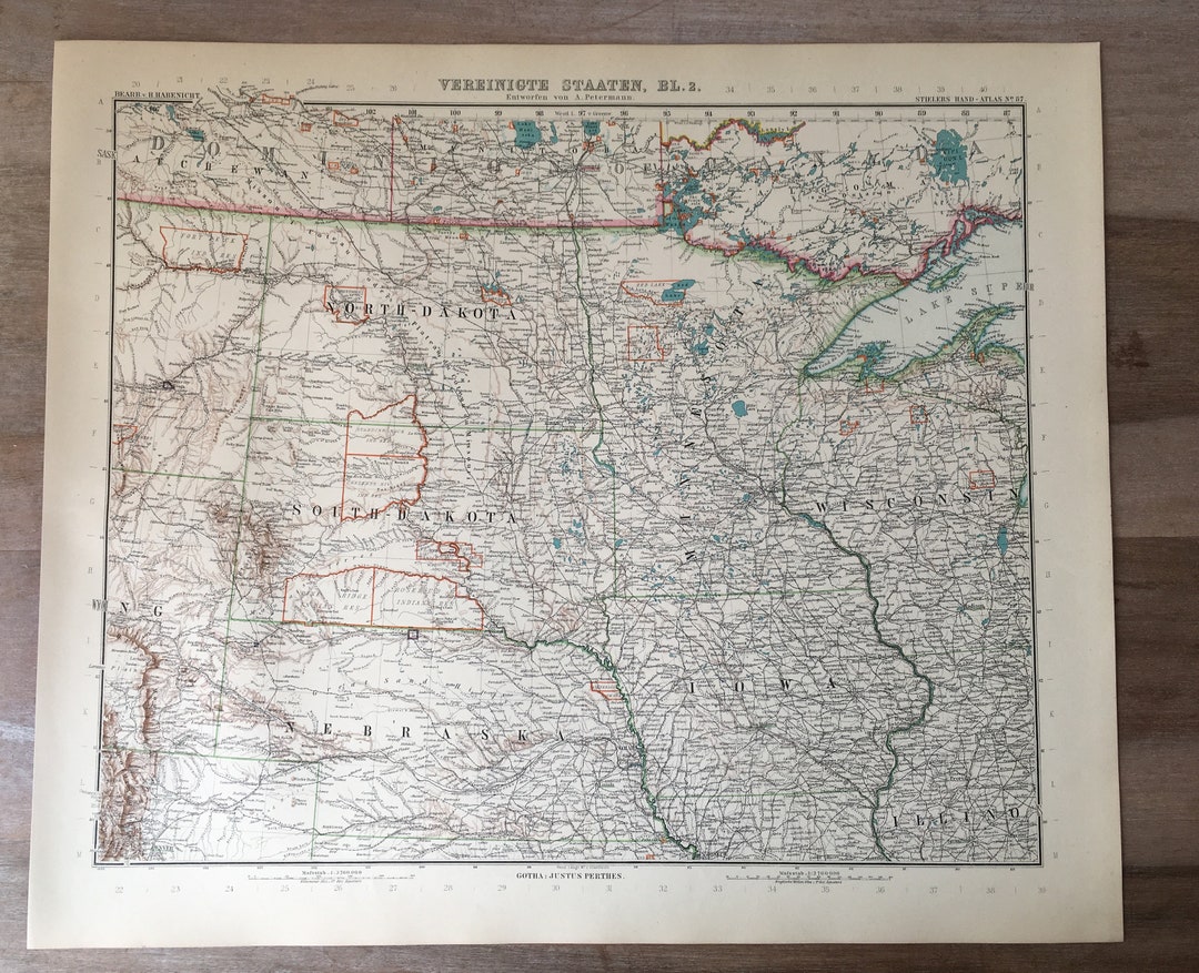 1906 Vintage USA Map With North and South Dakota, Nebraska, Iowa ...
