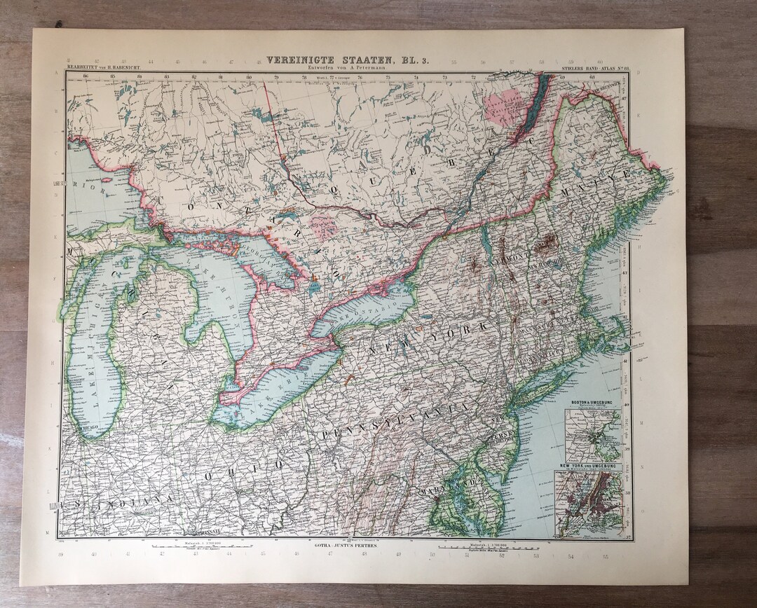 1906 Vintage United States Map, Pennsylvania, Ohio, Ontario, Engraved ...