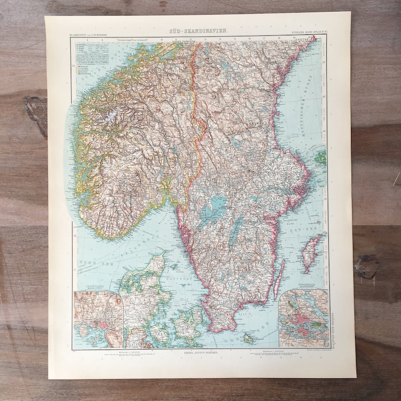 1906 Large Southern Scandinavia Map Antique Original Print | Etsy