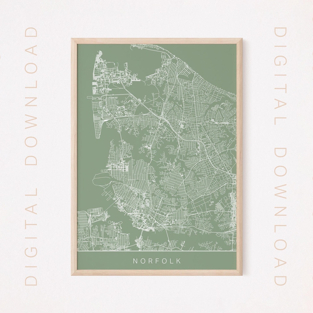 NORFOLK CITY MAP, Digital, Line Art City Map, Road Map of Norfolk ...