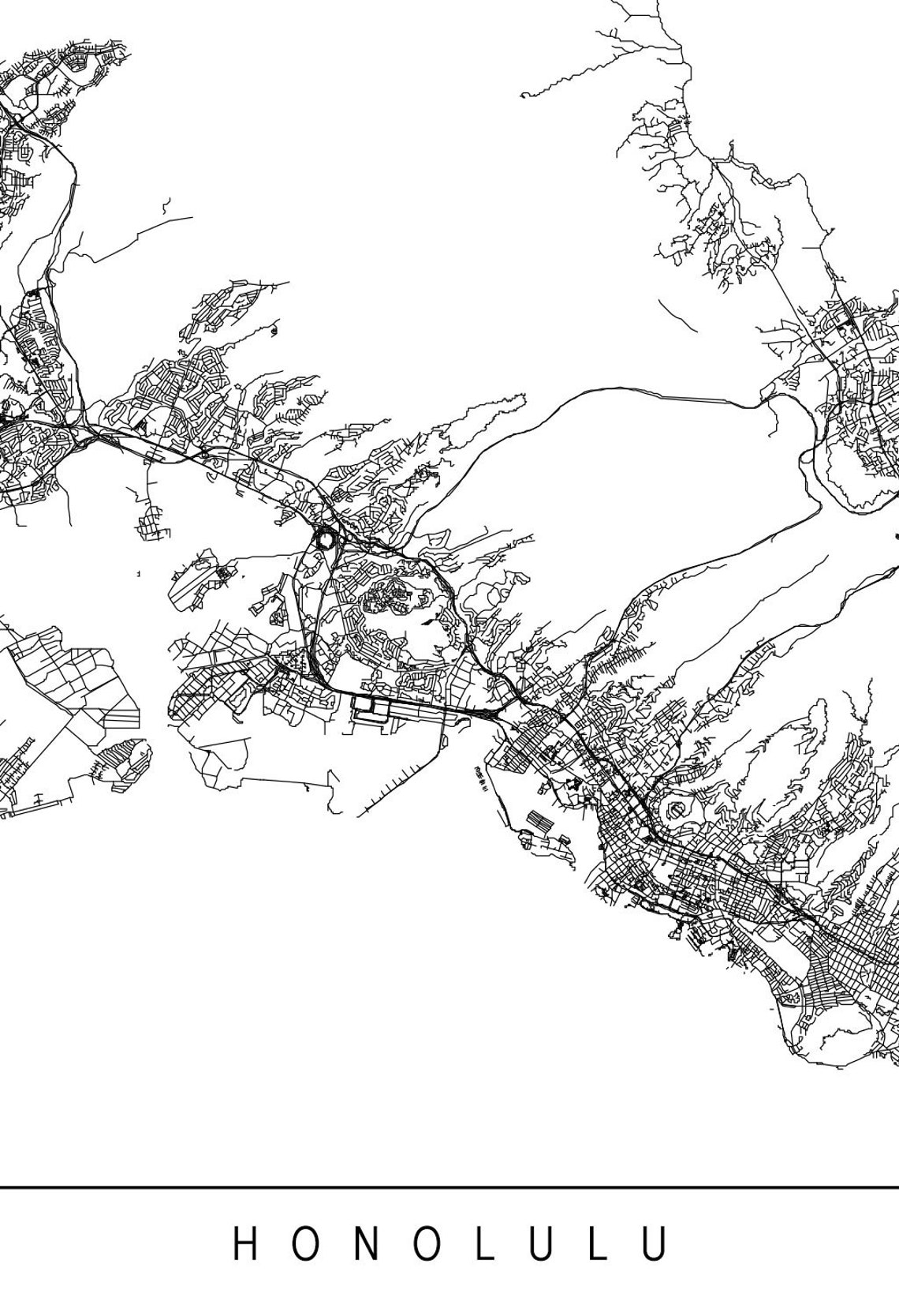 HONOLULU MAP - High Quality Giclee Print, Minimalist Honolulu Art Print ...