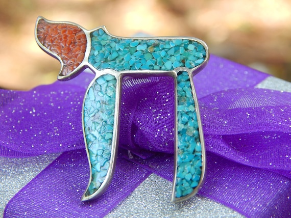 Vintage Hebrew Chai חי Symbol Turquoise, Coral & Ster… - Gem