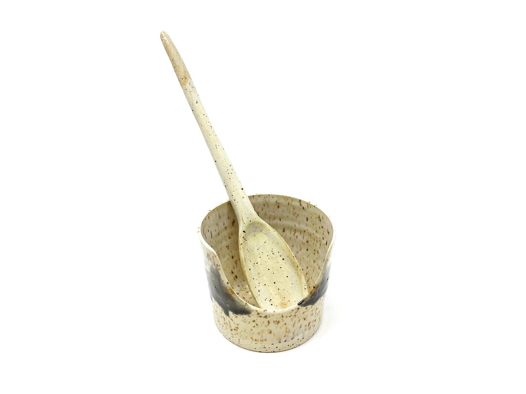 Handmade Ceramic Spoon Rest Cream Brown Speckled Stoneware Black Drip ...