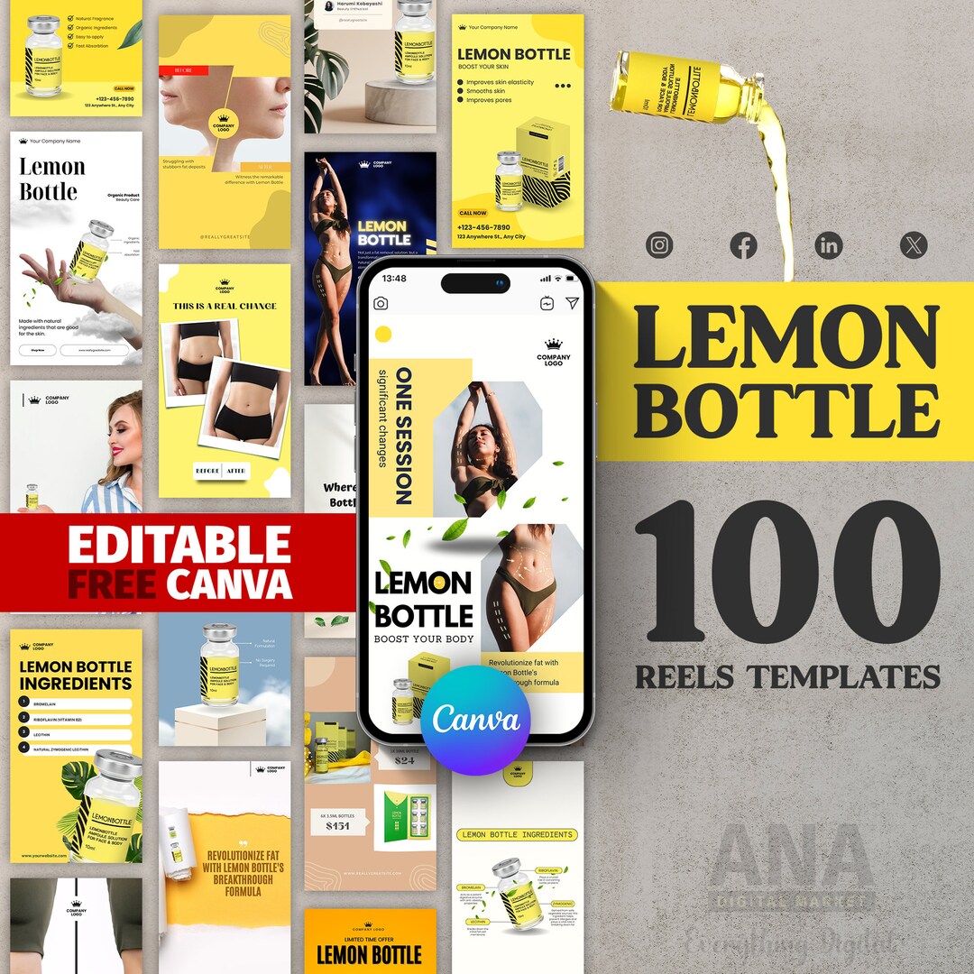 Lemon Bottle Reels Template, Fat Dissolving, Bottle Lemon Social Media ...