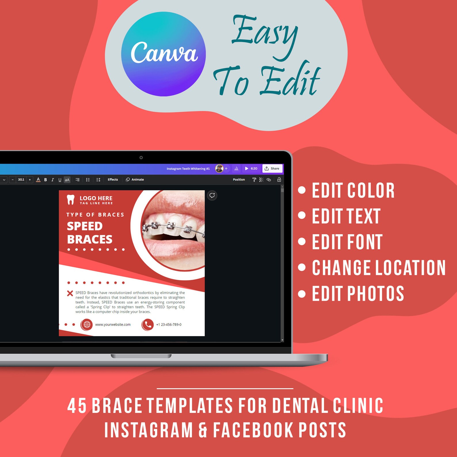 Braces Templates, Pink Instagram Post, Editable Template, Social Media ...
