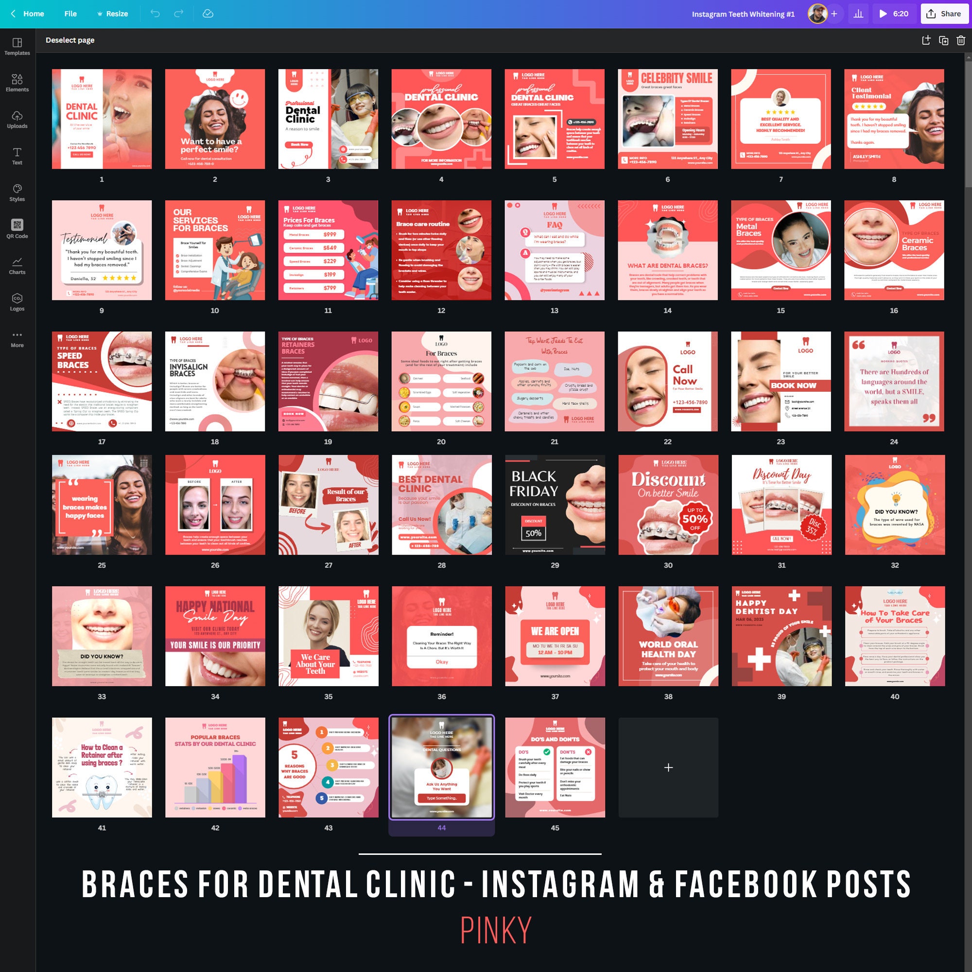 Braces Templates, Pink Instagram Post, Editable Template, Social Media ...