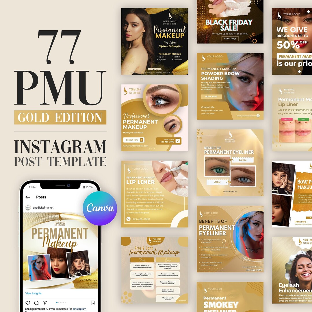 77 Gold Permanent Makeup IG Templates, Editable PMU Social Media Posts ...