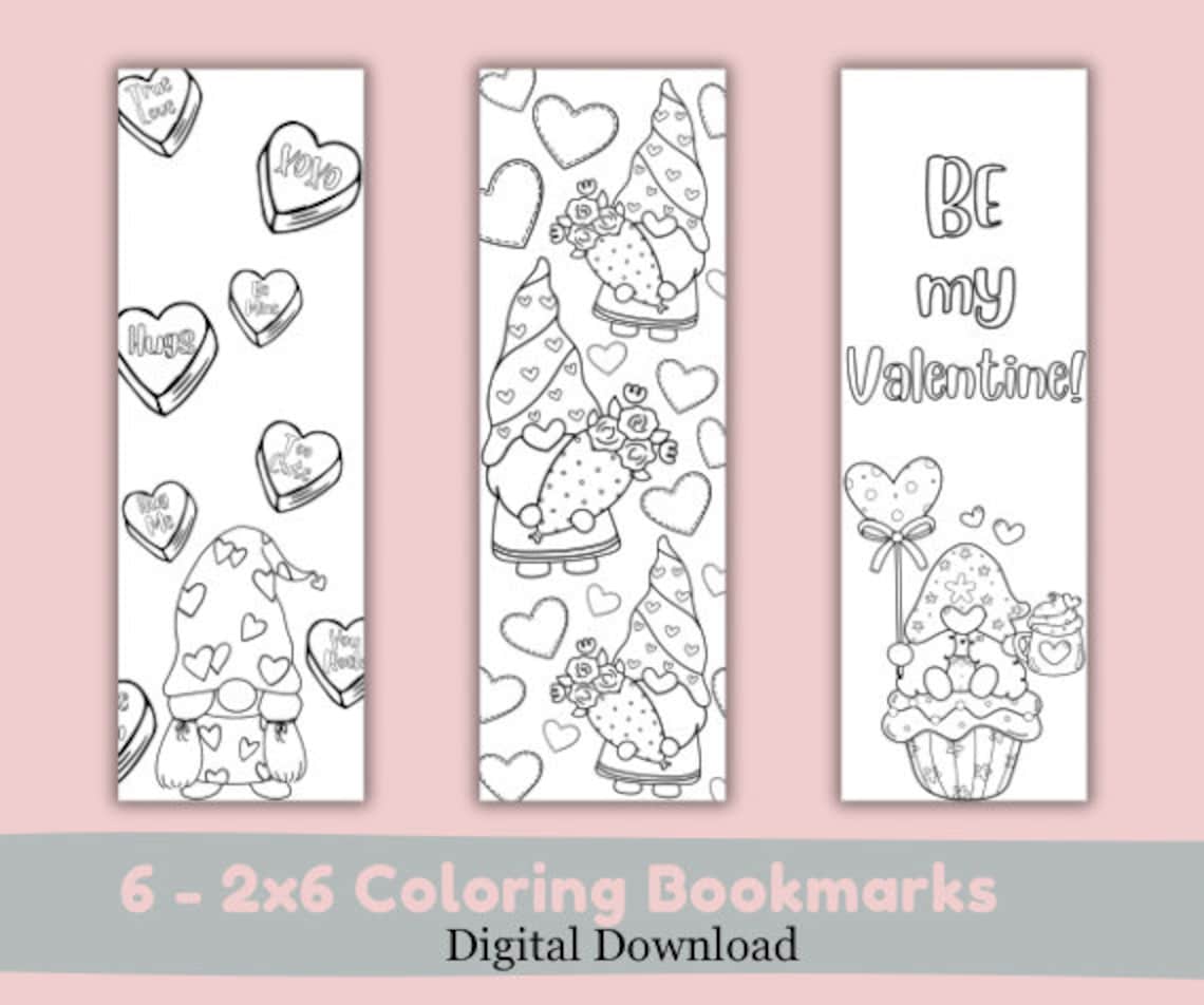 Printable Coloring Valentine Gnomes Bookmarks Digital Download Heart ...